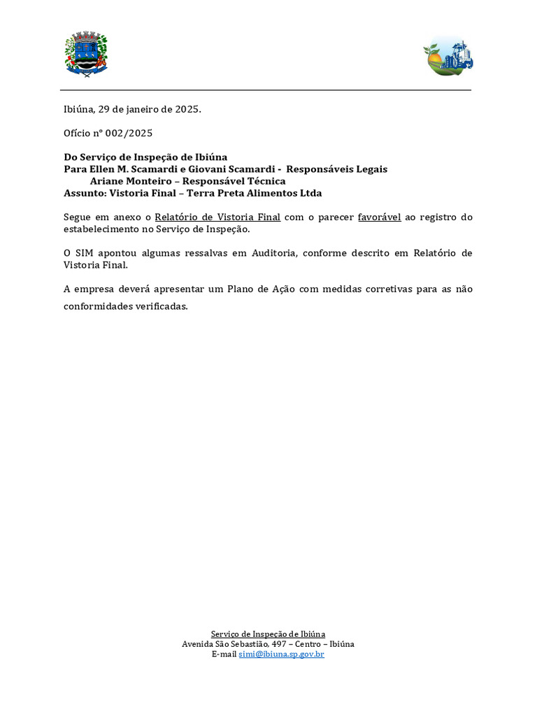 OFICIO 02.2025 Relatório Vistoria Final - TERRA PRETA | PDF