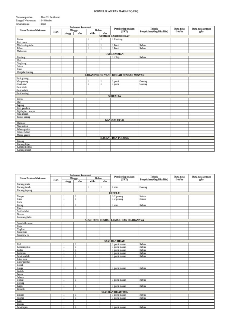 Formulir Asupan Makanan SQ-FFQ | PDF