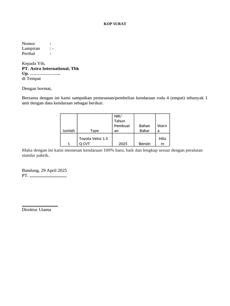 Contoh Surat Pemesanan Kendaraan | PDF