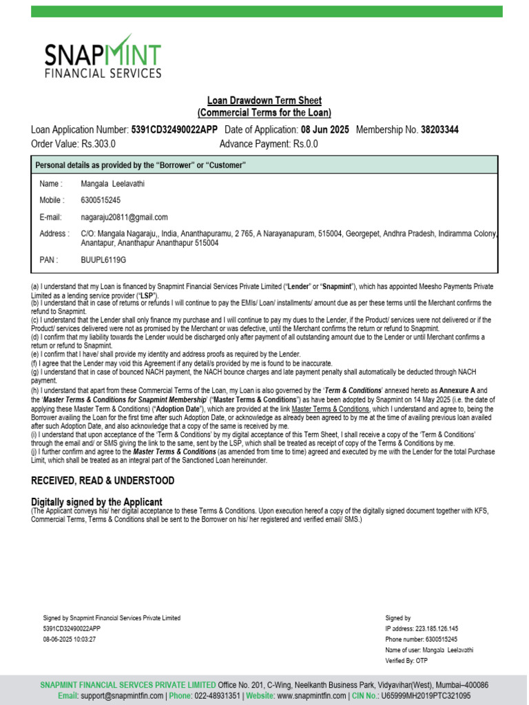 Loan Drawdown Term Sheet (Commercial Terms For The Loan) 5391CD32490022APP 08 Jun 2025 38203344 ...