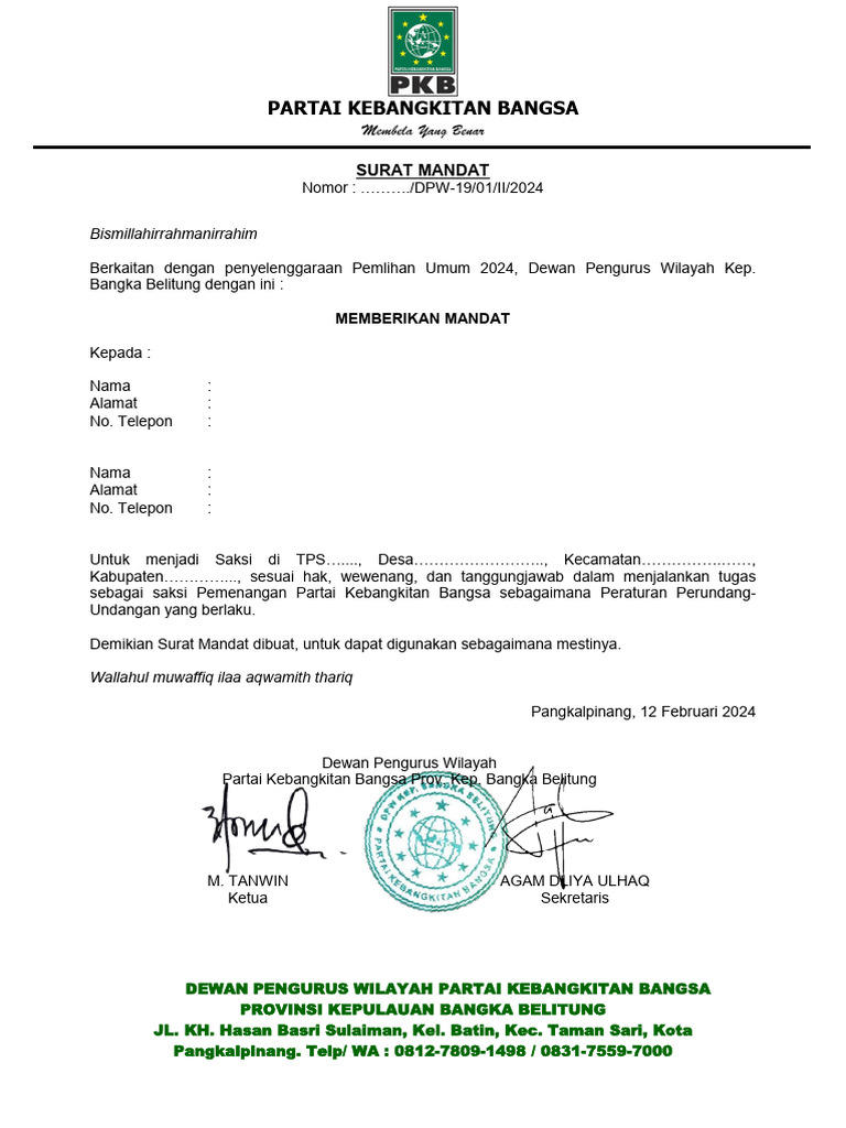 Surat Mandat Saksi Dari DPW PKB | PDF