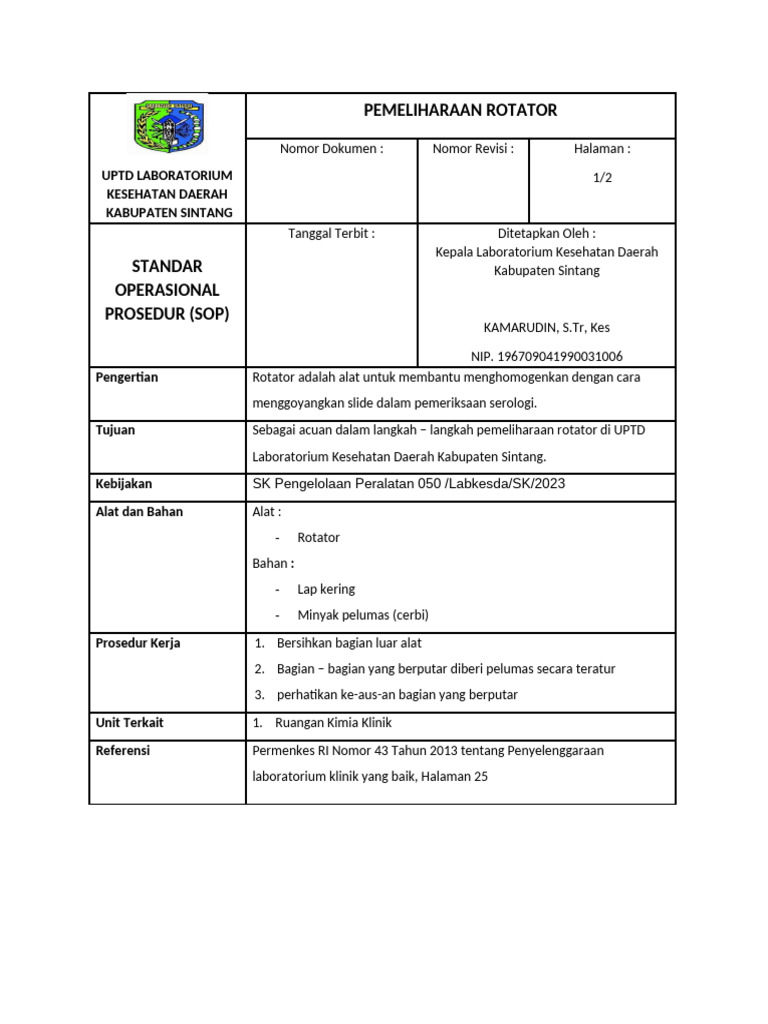 SOP Pemeliharaan Rotator Laboratorium | PDF