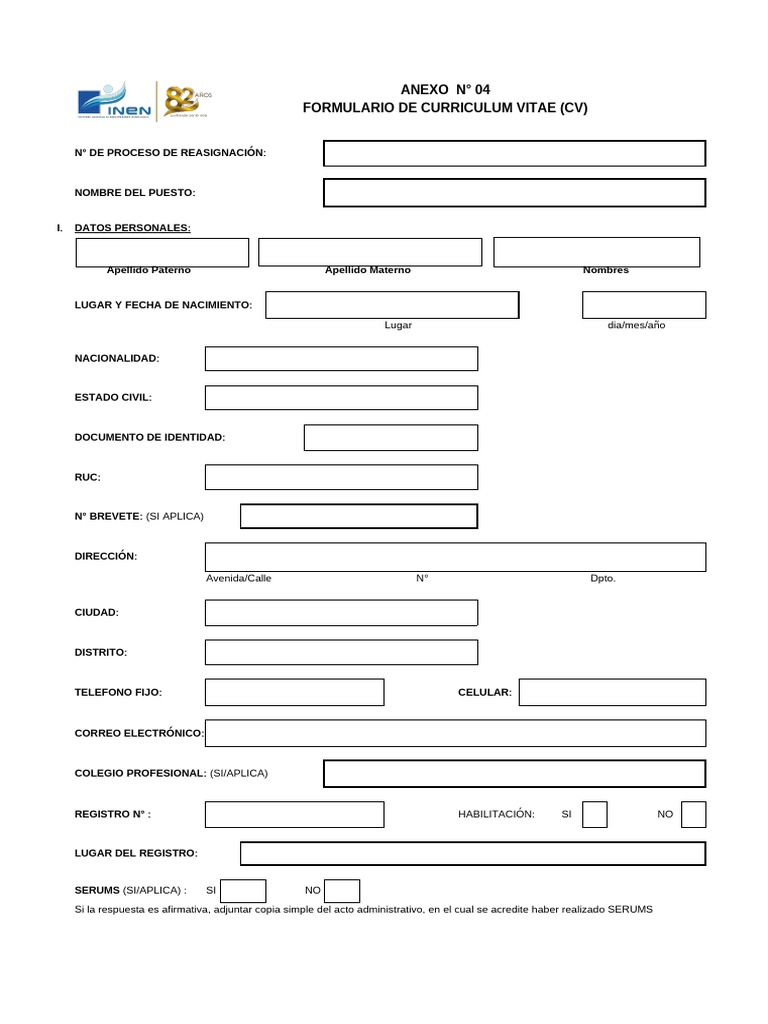 Anexo 04 - Formulario de Curriculum Vitae - 17102022 | PDF