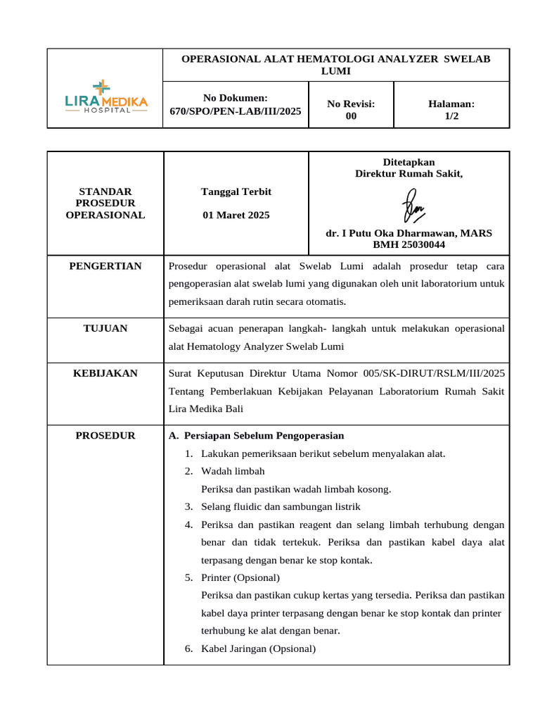 Pengoperasiaan Alat Hematologi Analyzer Swelab Lumi | PDF