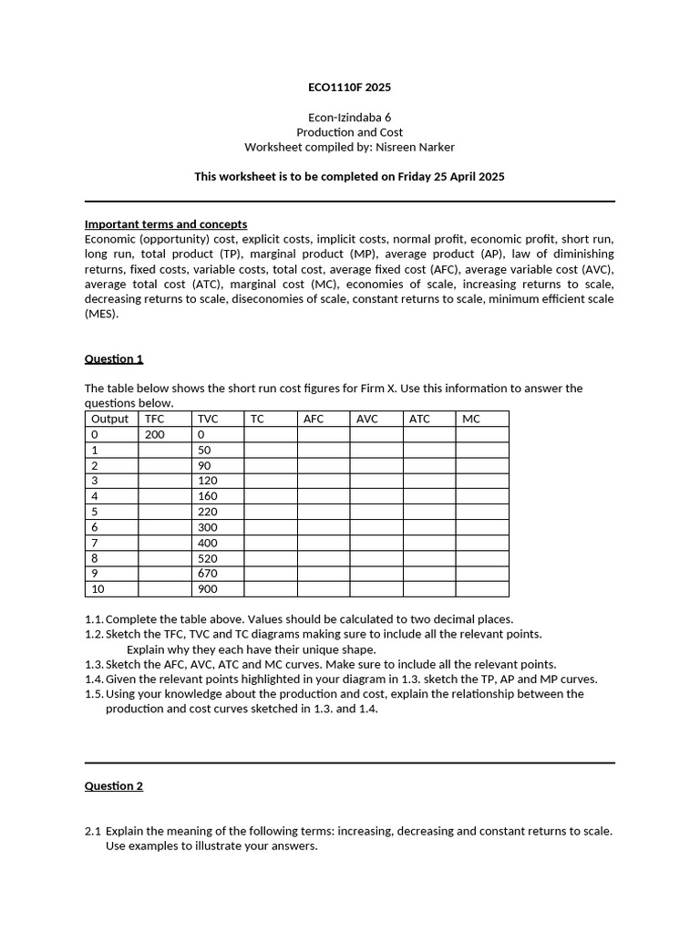 Production and Cost Analysis Worksheet | PDF | Average Cost | Marginal Cost