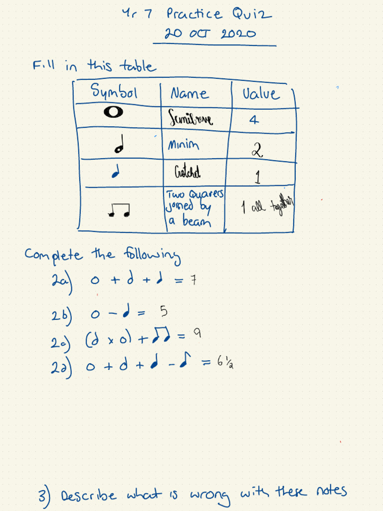 2020-10-20 Yr 7 Practice Quiz | PDF | Music Theory | Rhythm And Meter