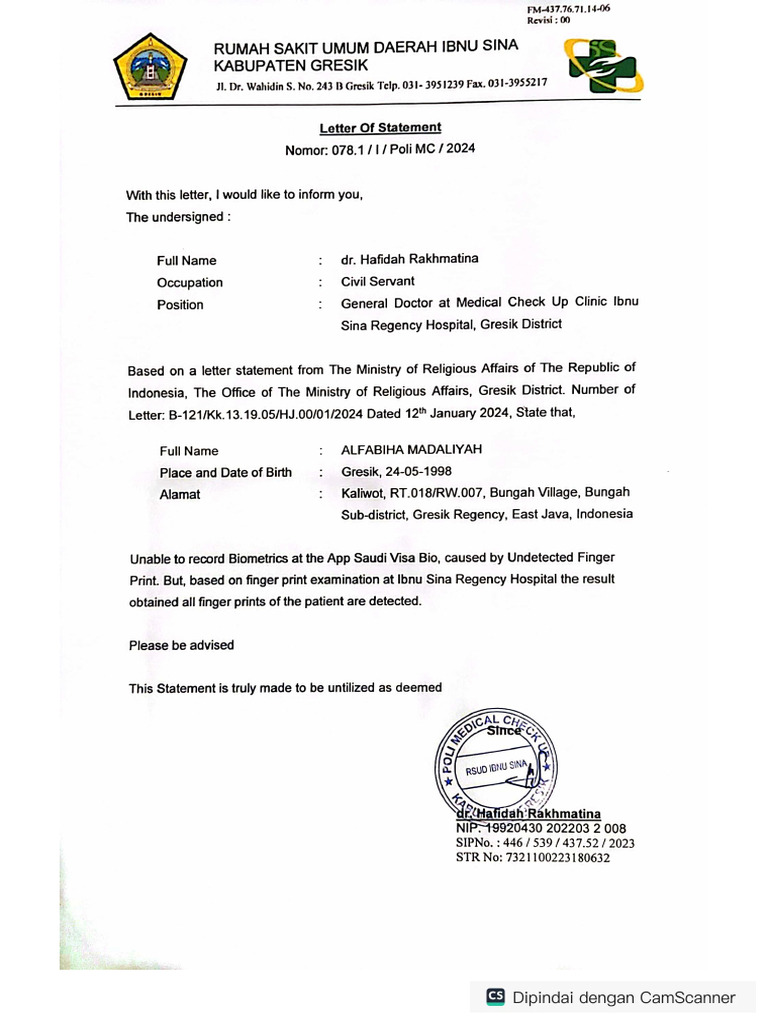 Surat Keterangan Rumah Sakit Tentang Visa Saudi | PDF