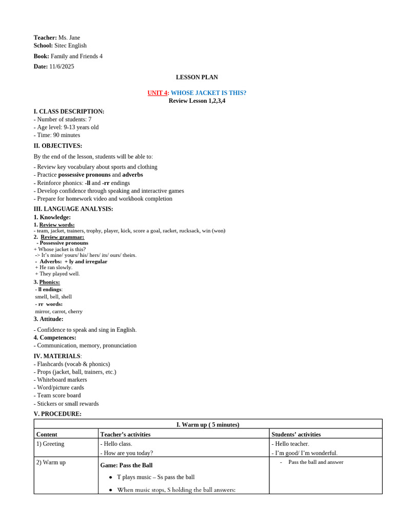 FF4 - Unit 4 - Review 1,2,3,4 | PDF | Phonics | Linguistics