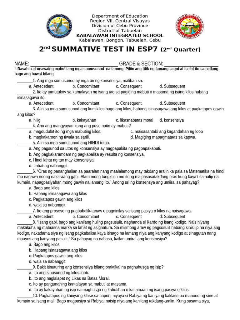 Esp 7 SUMMATIVE 3 | PDF