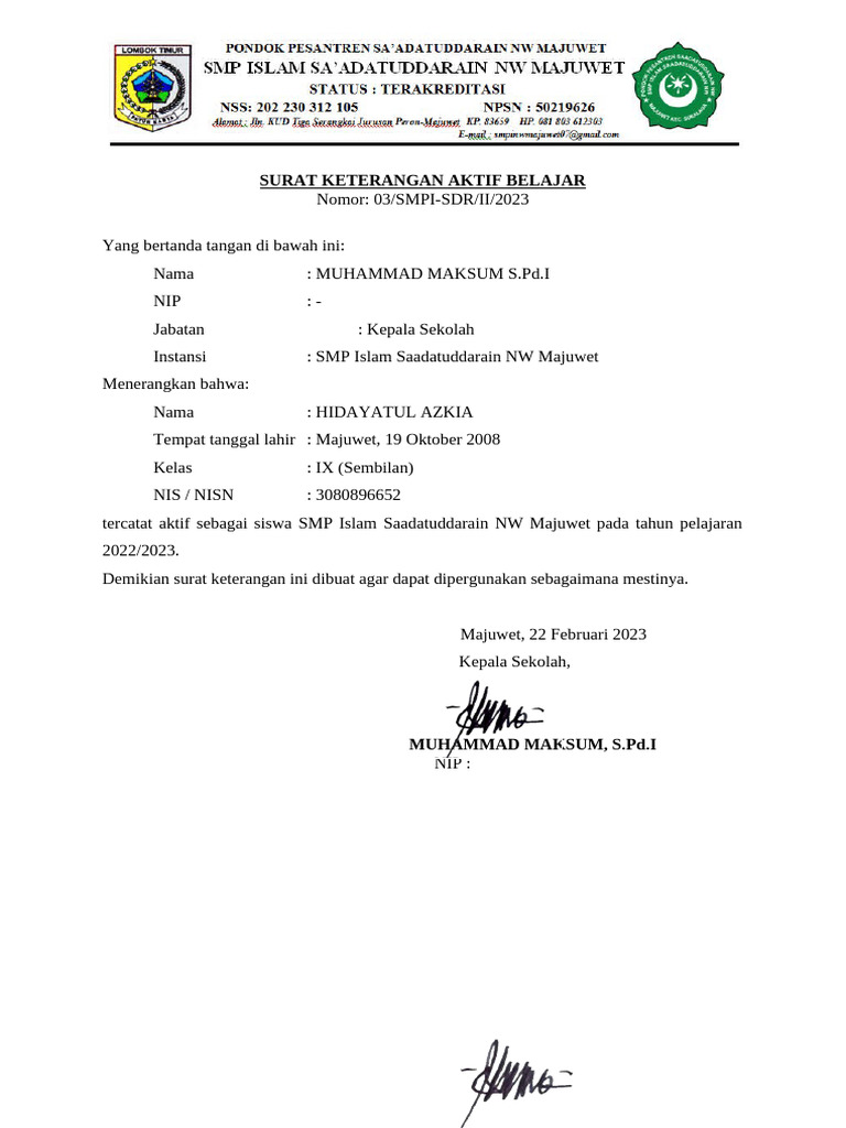 Contoh Surat Keterangan Aktif Belajar | PDF