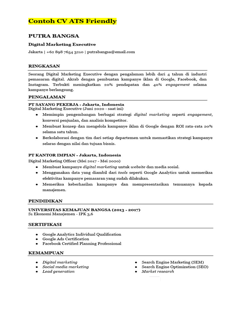 Contoh CV ATS Digital Marketing | PDF