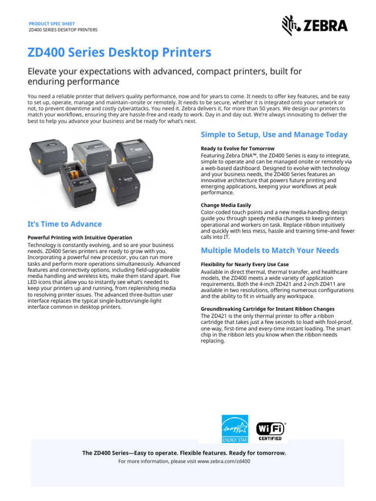 Zd400 Series Spec Sheet en Us | PDF | Printer (Computing) | Barcode