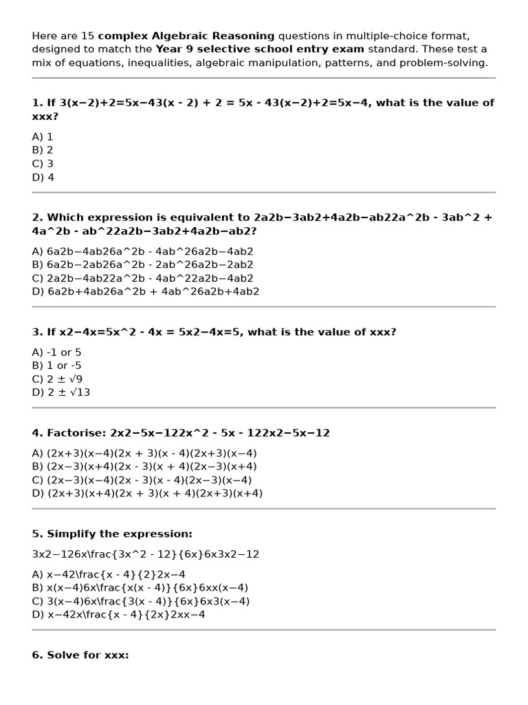 Year 9 Algebraic Reasoning Questions | PDF | Algebra | Mathematics