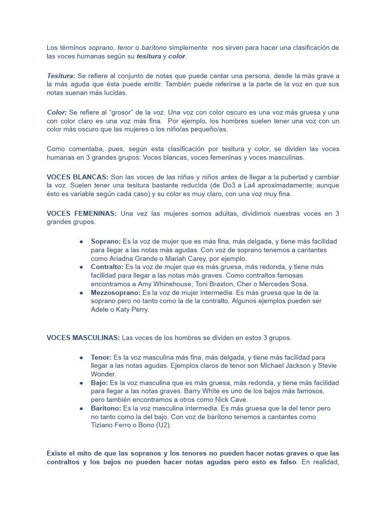 Clasificación de Las Voces | PDF | Ópera | Canto