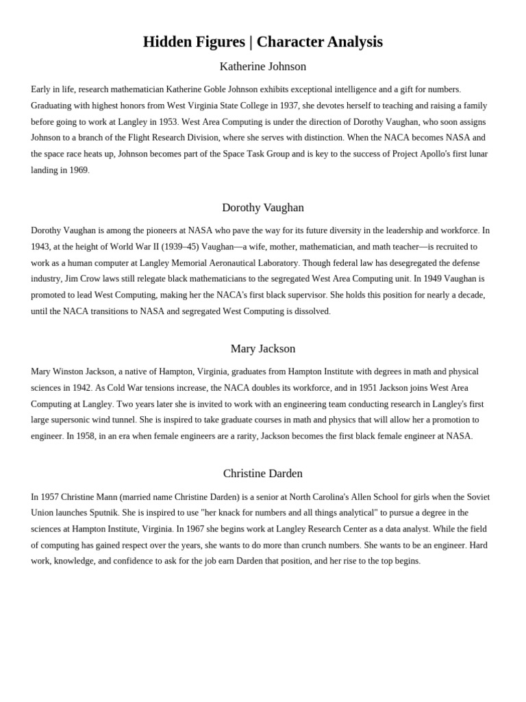 Character Analysis of Hidden Figures | PDF | Langley Research Center ...