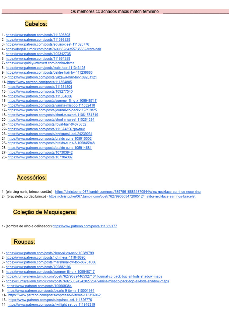 Os Melhores CC Achados Maxis Match Feminino - Hey My! | PDF