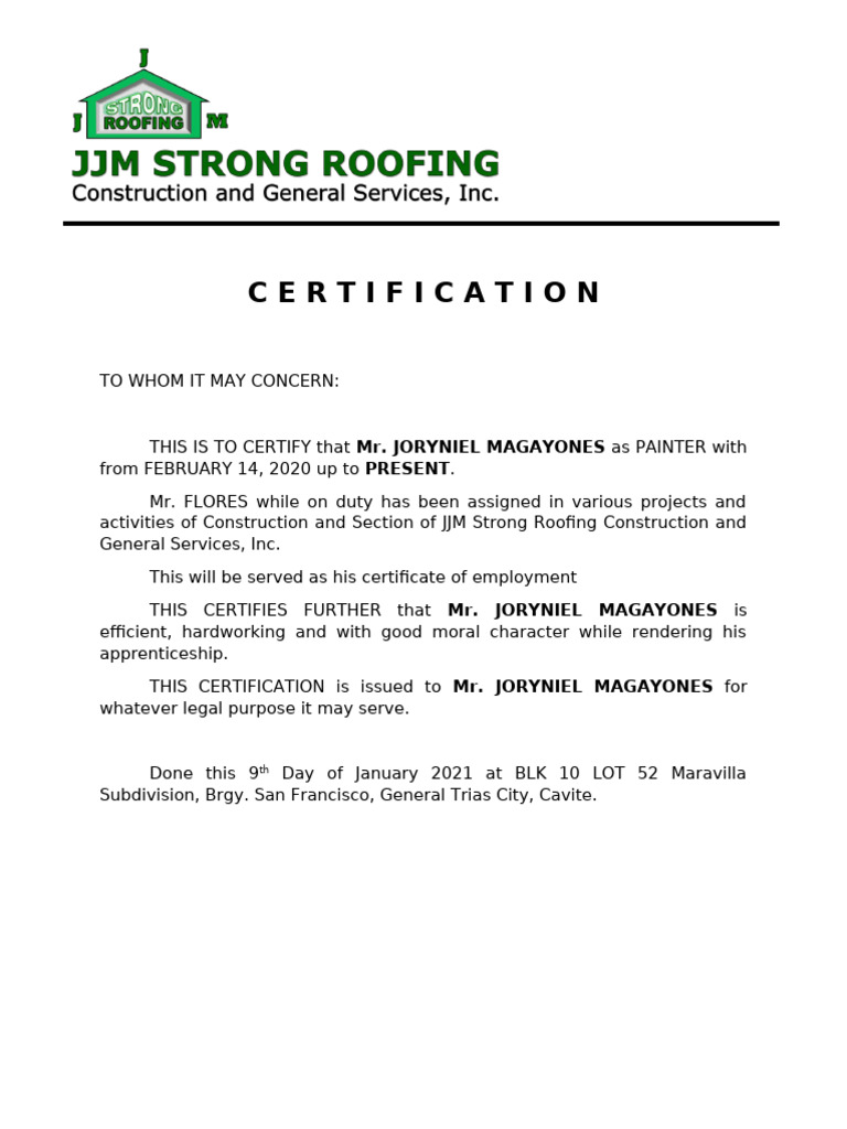 Certification: Mr. Joryniel Magayones Present | PDF