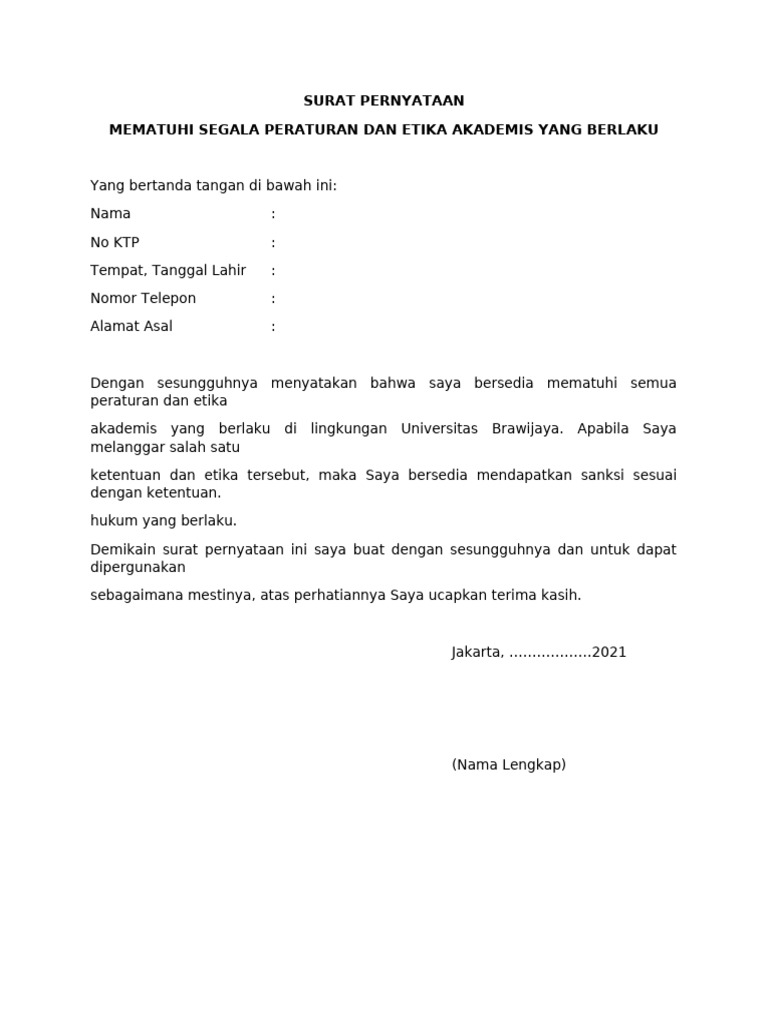 Surat Pernyataan Etika Akademis UB | PDF