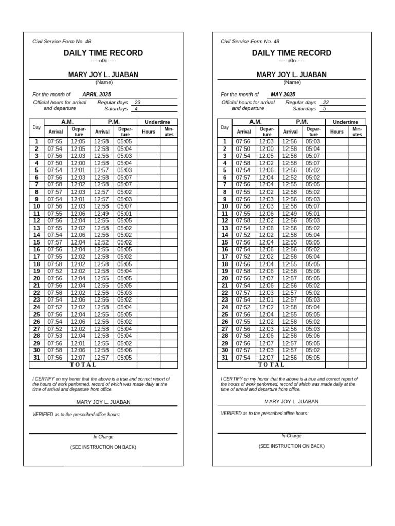 CSC Form 48 Daily Time Record DTR | PDF