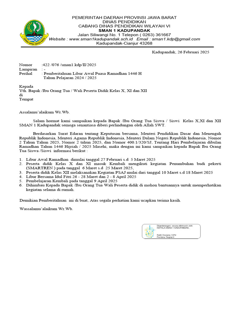 Pemberitahuan LIBUR Ramadhan 1446 H | PDF