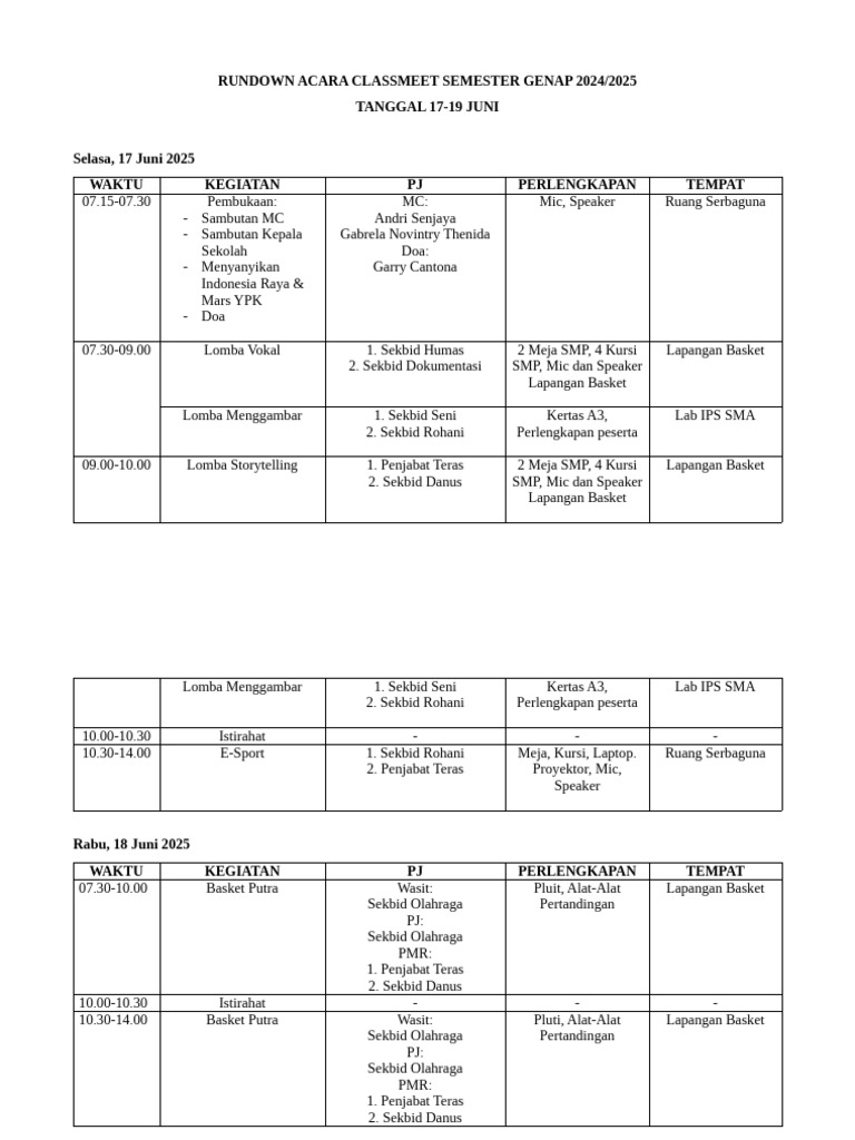 Rundown Classmeet Semester Genap 2024-2025 | PDF