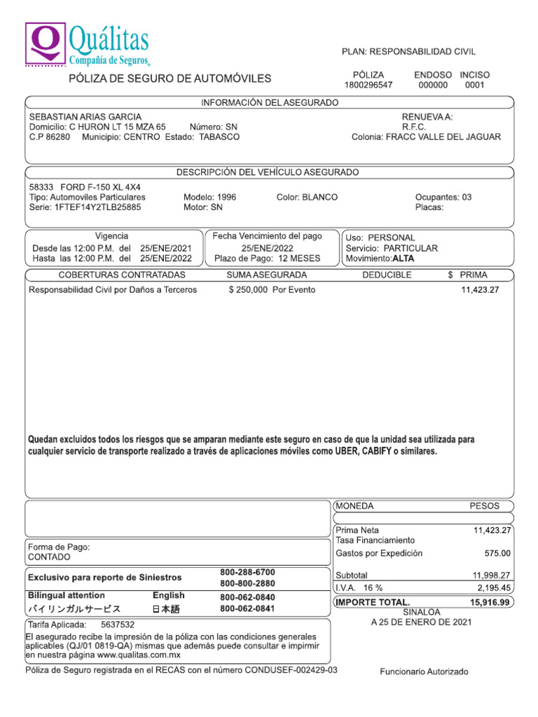 Qualitas Poliza de Seguro | PDF