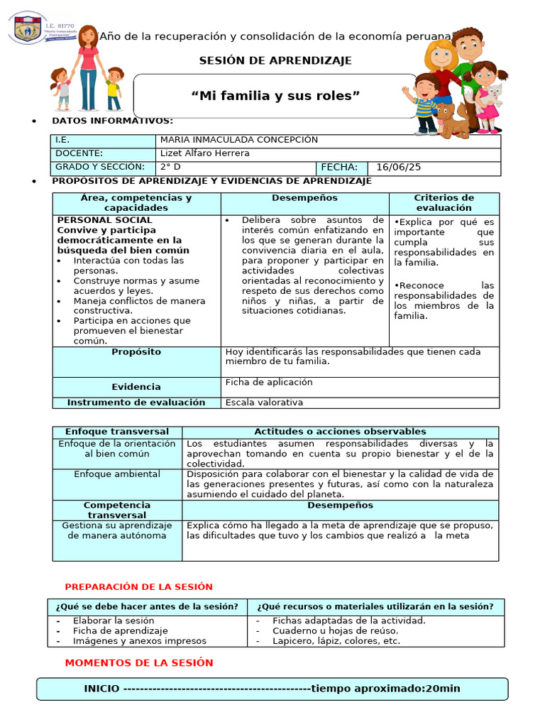 SESION XX PS "Mi Familia y Sus Roles" | PDF | Evaluación | Aprendizaje