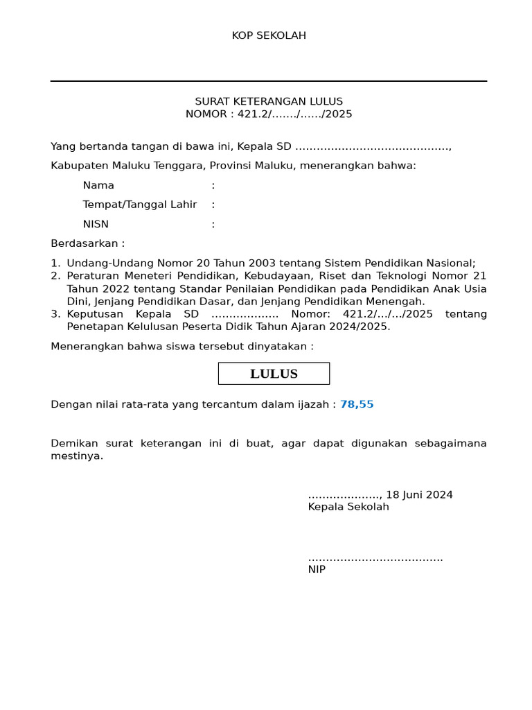 Surat Keterangan Lulus SD 2025 | PDF