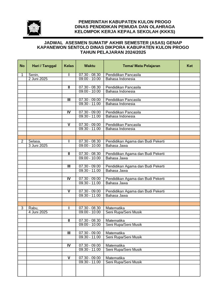 Jadwal Asas Genap 2024-2025-Sentolo | PDF