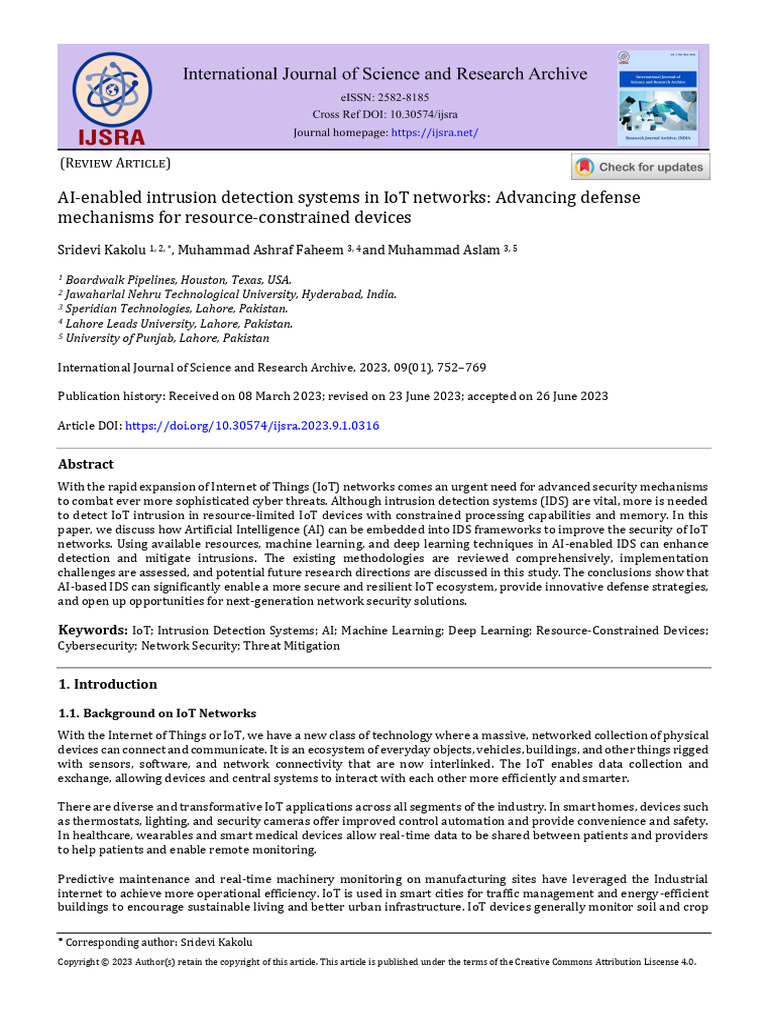AI-enabled Intrusion Detection Systems in IoT Networks Advancing Defense | PDF | Internet Of ...