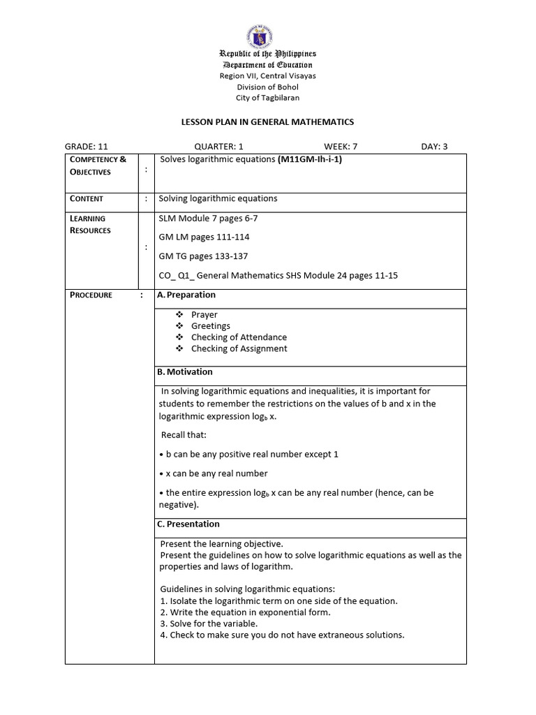 BOHOL MATHSHS GENMATH Q1 PLP7DAY3 v.01 | PDF | Logarithm | Equations