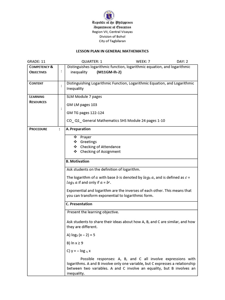 BOHOL MATHSHS GENMATH Q1 PLP7DAY2 v.01 | PDF | Function (Mathematics) | Exponential Function