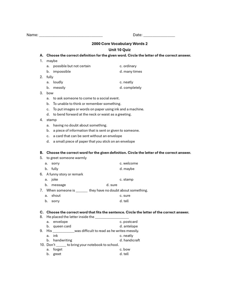 2000 Core Vocabulary Words 2 Unit 11 Quiz | PDF
