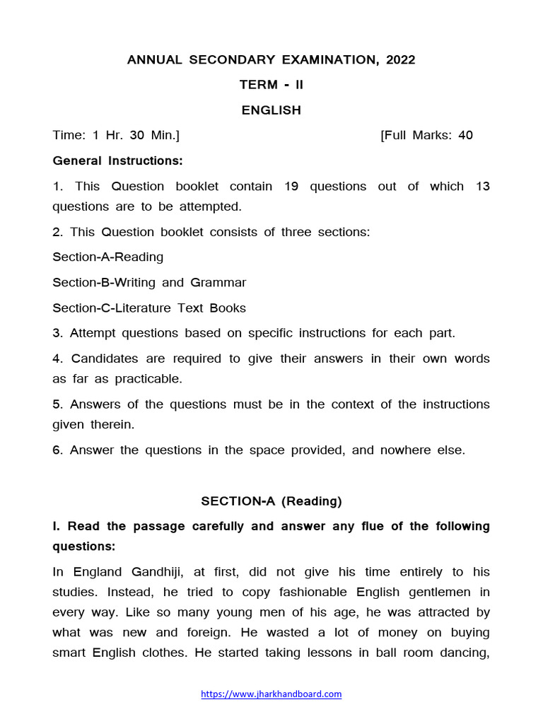 Jac Class 10 Term 2 English Set A 2022 | PDF