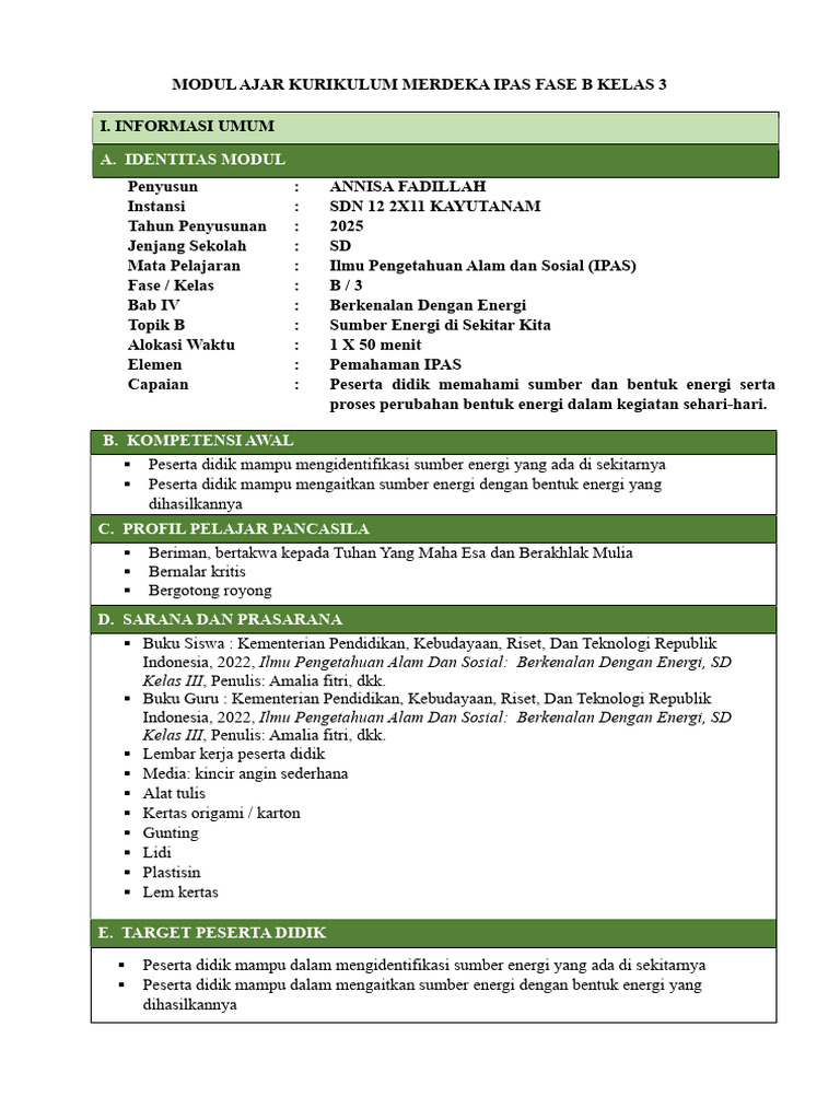 Modul Ajar IPAS Kelas 3: Energi | PDF