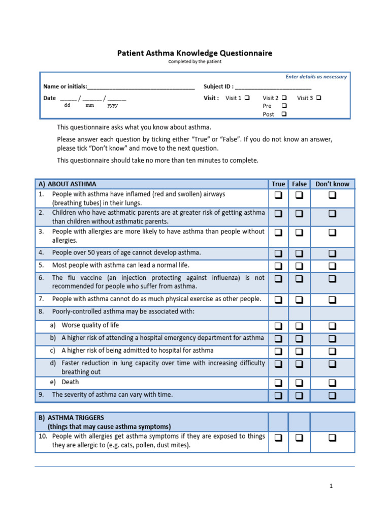 Patient Asthma Knowledge Questionnaire | PDF | Asthma | Allergy