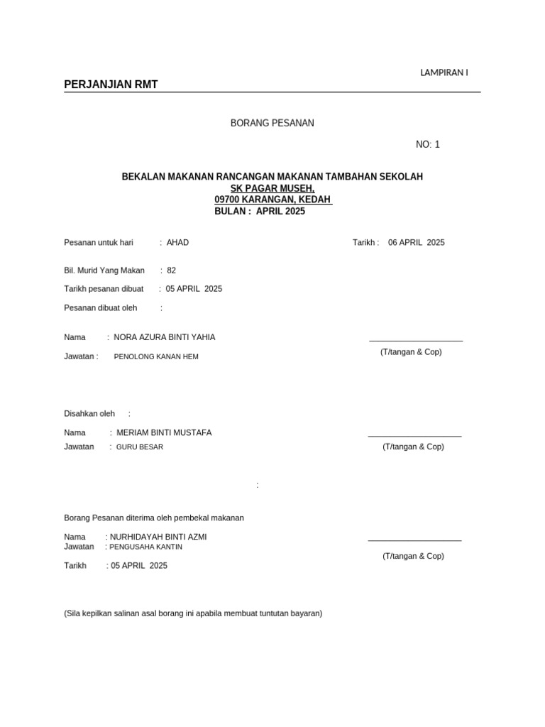 Borang Pesanan RMT | PDF