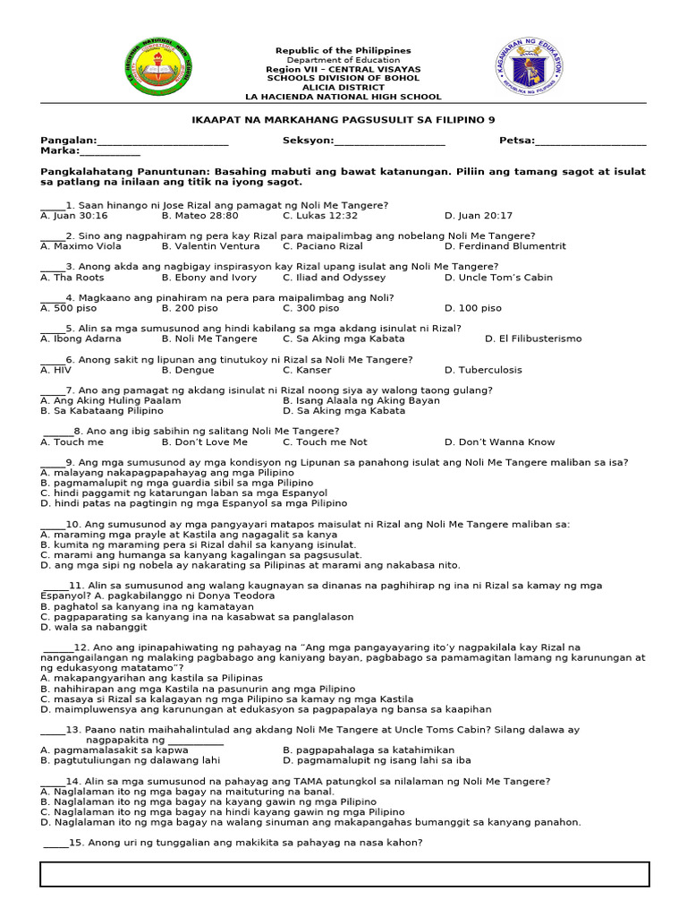 4th Periodical Exam Fil9 | PDF