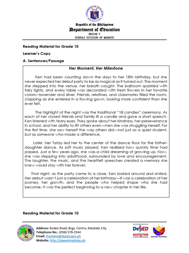 Grade 10 Reading Material: Ken's Debut Story | PDF