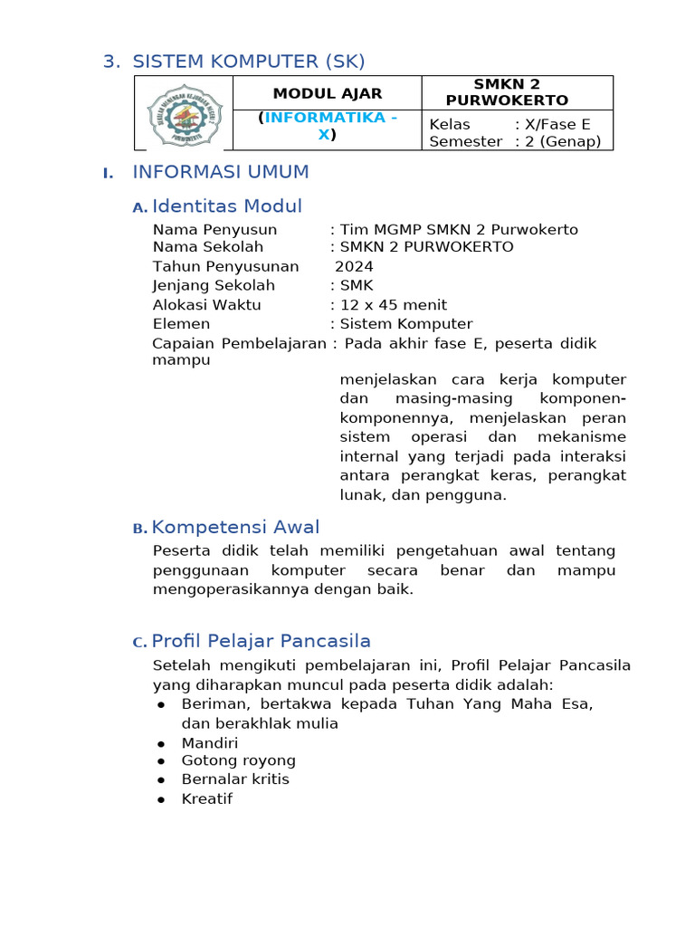 Modul Ajar Siskom Materi Komponen Komputer Hardware | PDF