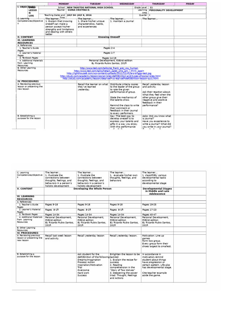 Pdfcoffee Perdev DLL For The Whole Semester Compress | PDF | Learning | Adolescence