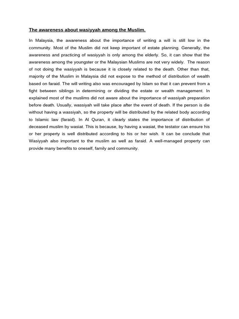 The Awareness About Wasiyyah Among The Muslim | PDF