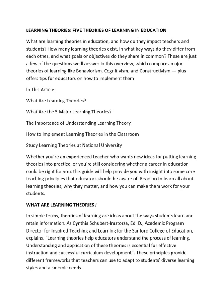 Five Key Learning Theories Explained | PDF | Learning Theory (Education ...