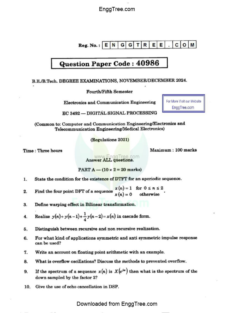 EC3492 Digital Signal Processing Nov Dec 2024 Question Paper Download | PDF