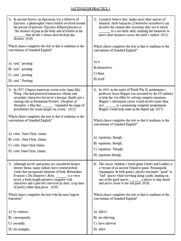 Digital SAT Standard ENGLISH PRACTICE | PDF | Grammatical Number | Verb