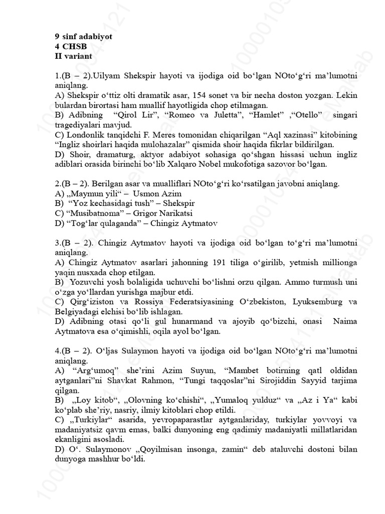 9-Sinf Adabiyot 4-CHSB 2 Variant | PDF