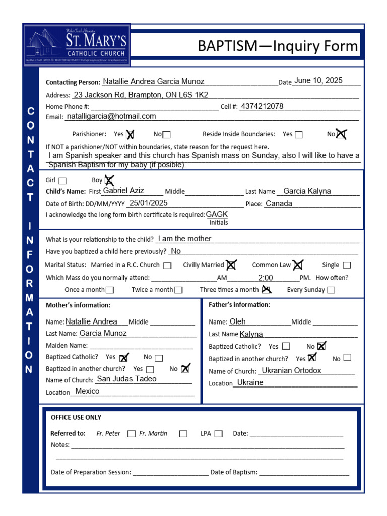 Baptism Inquiry Form for Parishioners | PDF | Sacraments