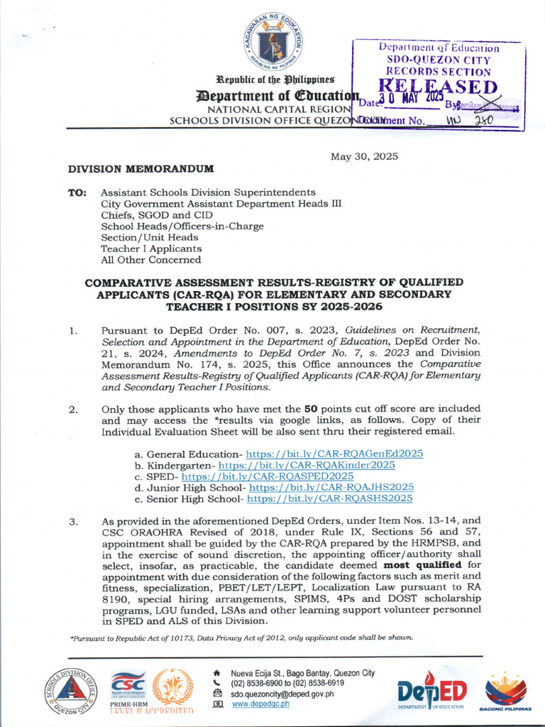 Comparative Assessment Results-Registry of Qualified Applicants (Car ...