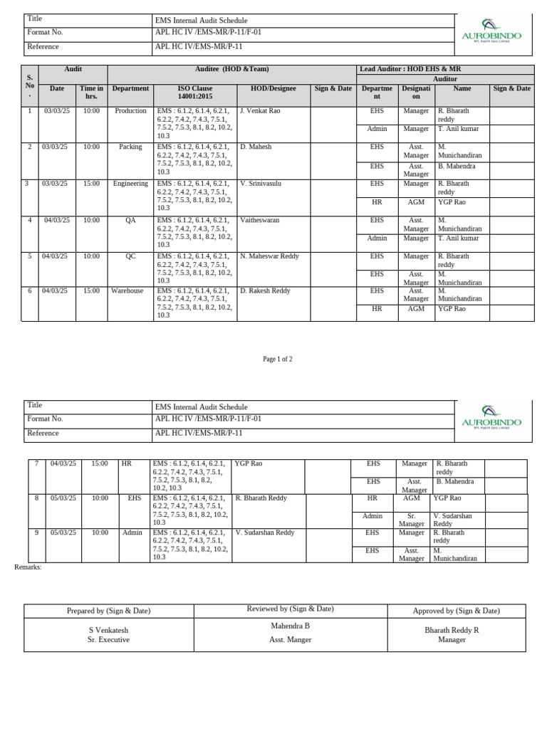 EMS Audit Schedule for 2025 | PDF