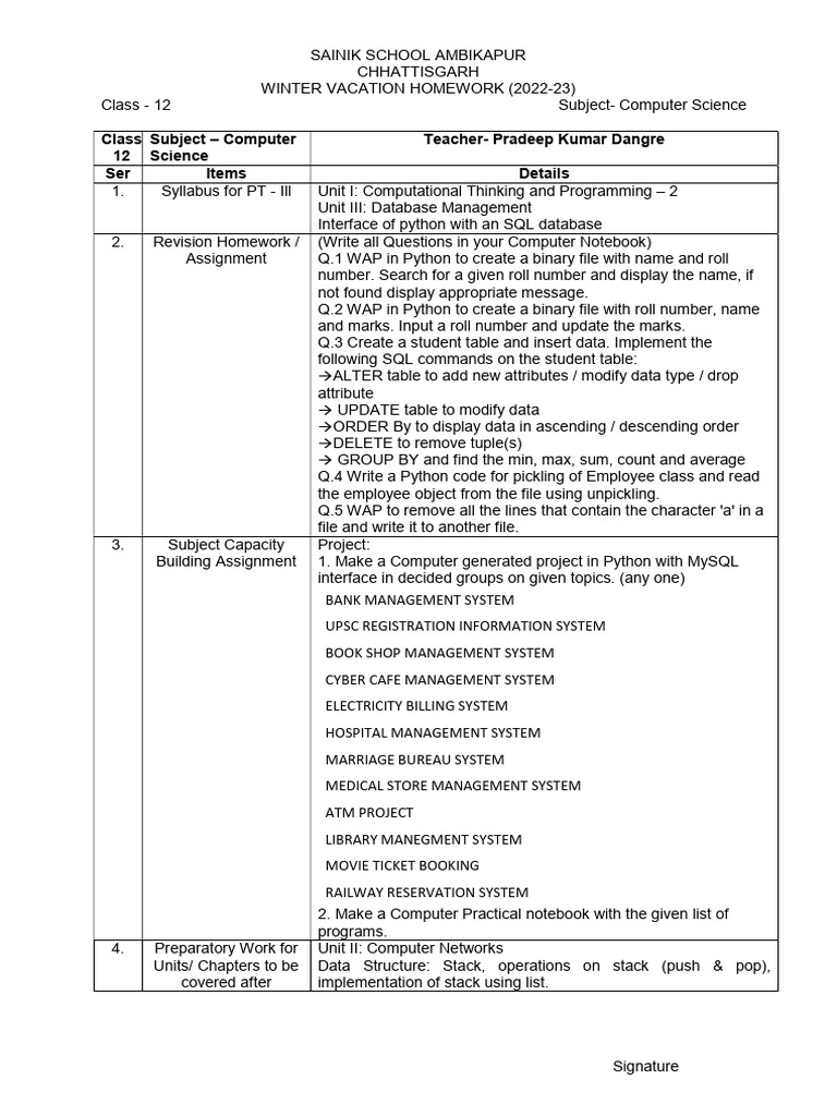 Winter Vacation Homework Sainik School | PDF | Databases | Python ...